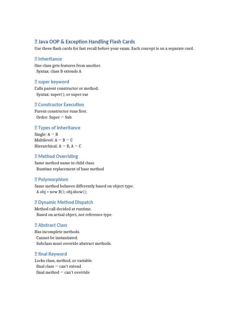 Java Flash Cards CheatSheet | PDF