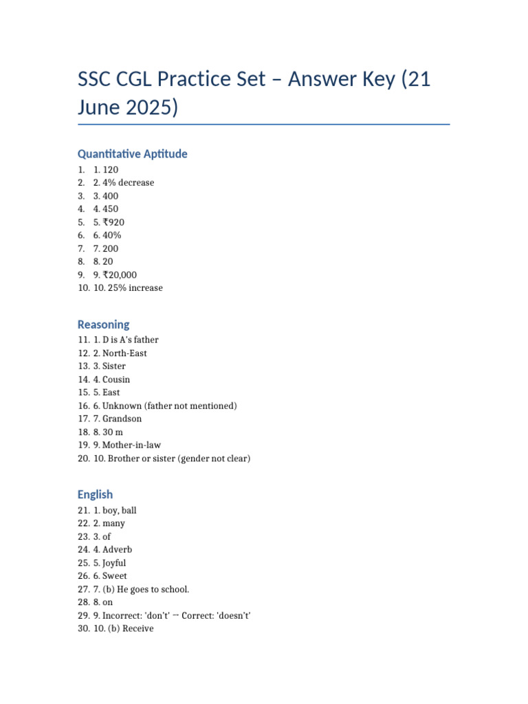 SSC CGL Day 1 Answer Key 21 June 2025 | PDF