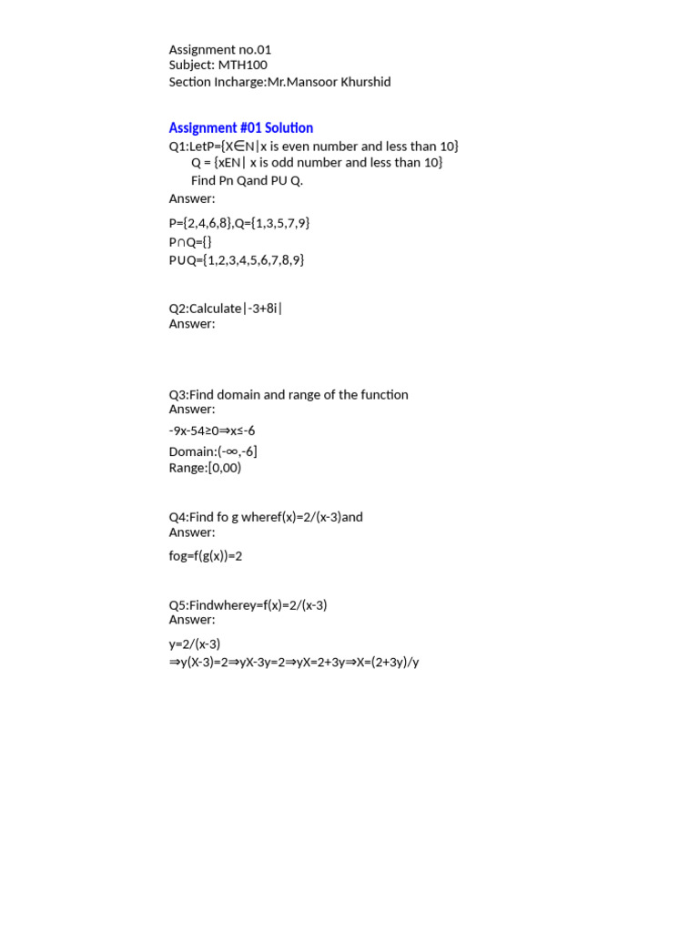 MTH100 Assignment 1 (Mansoor Khurshid) Solution | PDF