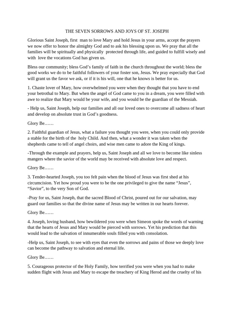 Seven Sorrows and Joys of St. Joseph | PDF | Saint Joseph | Jesus