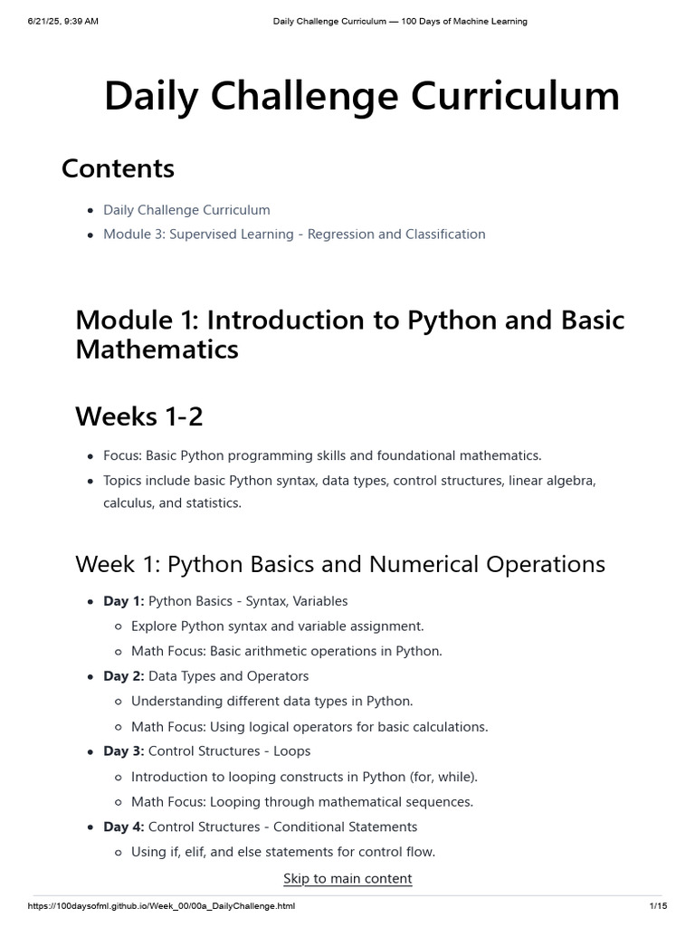 Daily Challenge Curriculum - 100 Days of Machine Learning | PDF ...