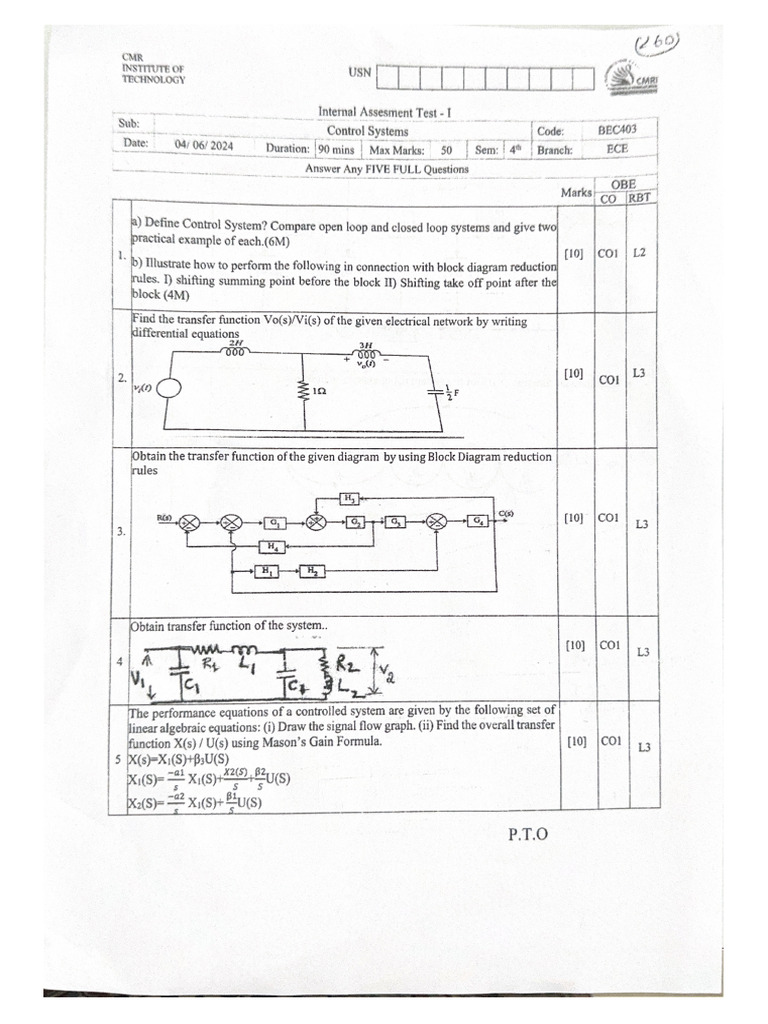 IAT-I Question Paper With Solution of BEC403 Control Systems June-2024 ...
