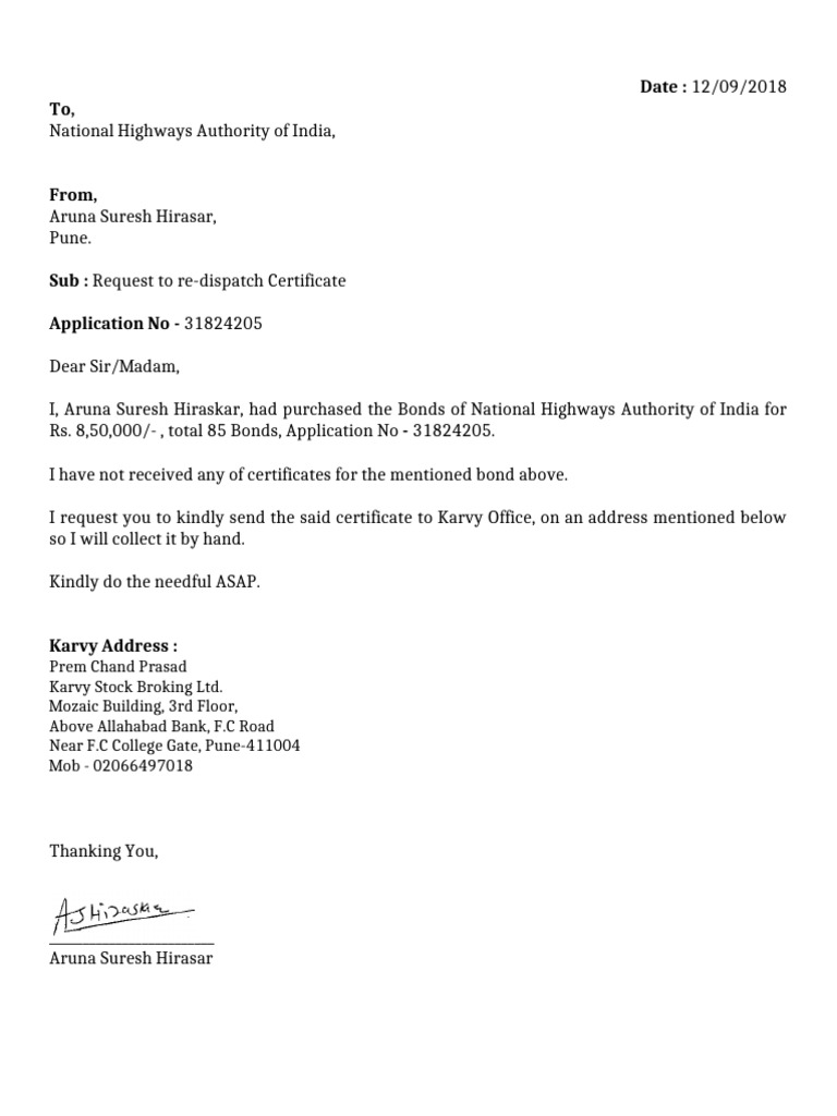 Request To Re-Dispatch Certificate | PDF