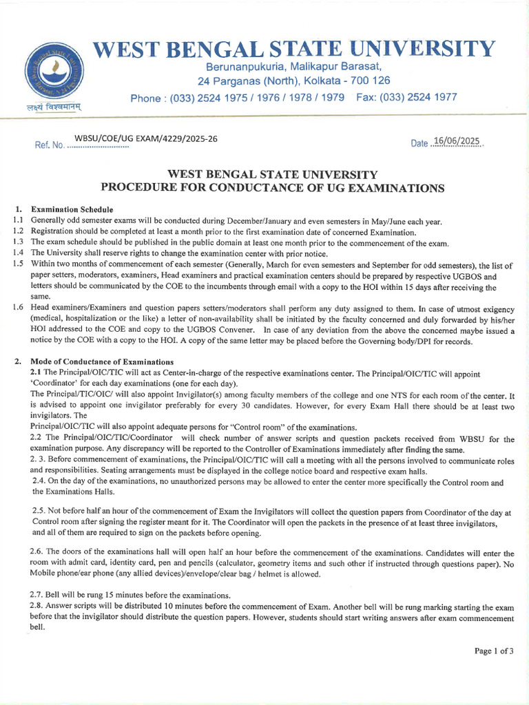 Wbsu Procedure For Conductance of Ug Examinations | PDF