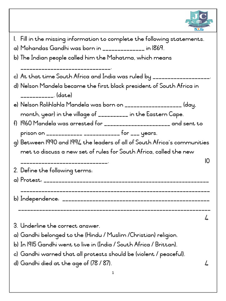 History Term 2 Exam M&G | PDF | Mahatma Gandhi | Nelson Mandela