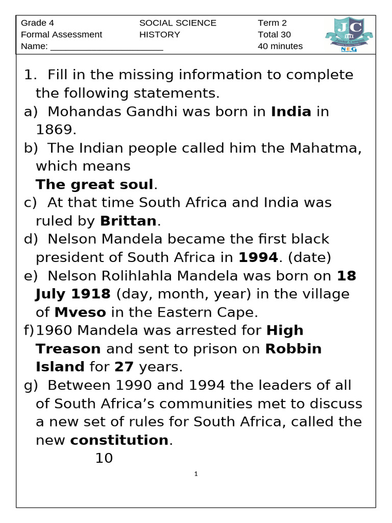 History Memo Term 2 Exam M&G | PDF | Nelson Mandela | Mahatma Gandhi