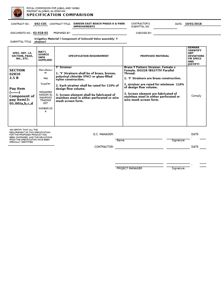 Comparison Sheet Y Strainer - Italy | PDF | Specification (Technical Standard) | Building Materials