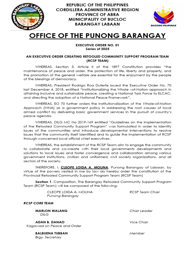 Executive Order RCSP Team For Brgy Labaan | PDF | Political Science | Government