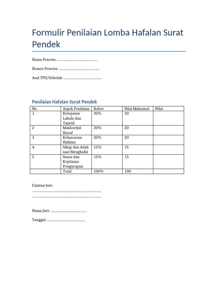 Formulir Penilaian Hafalan Surat Pendek | PDF