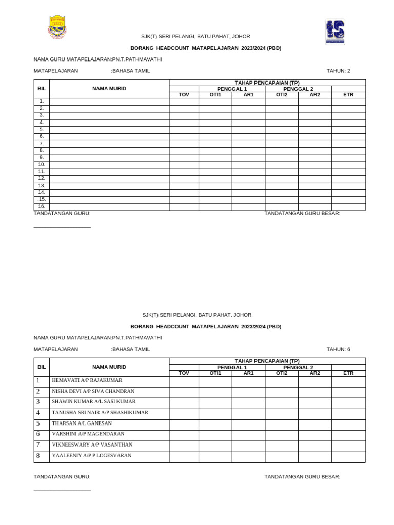 Borang Headcount MP 2023 2024 PBD | PDF