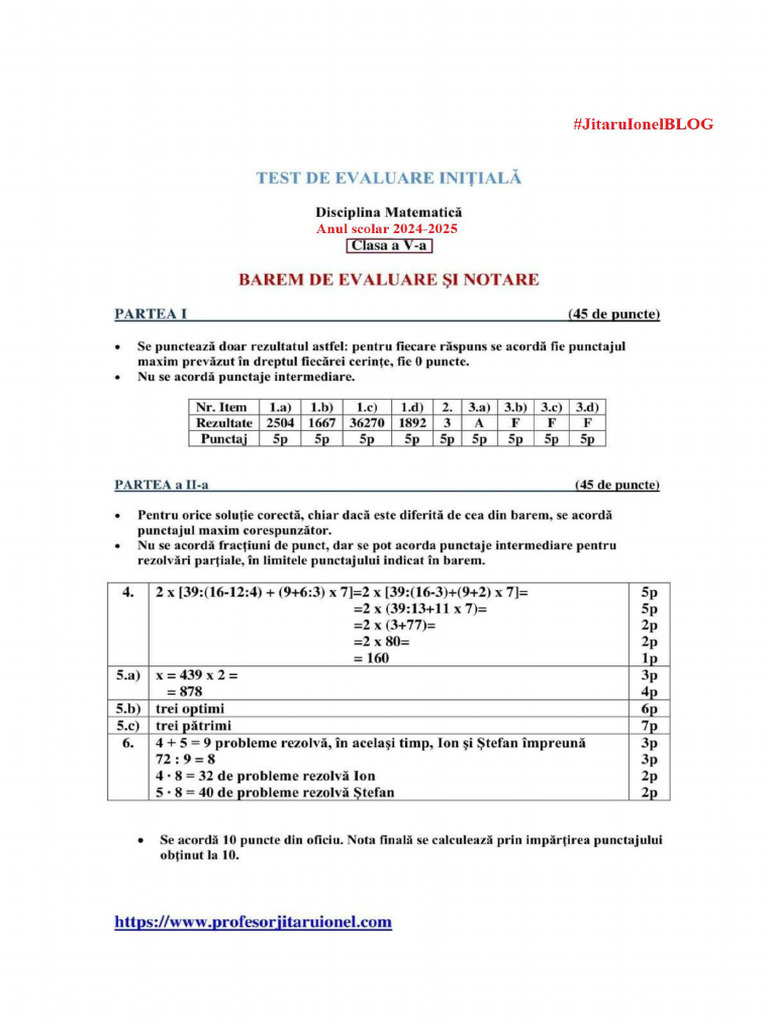 Rezolvare Barem de Corectare Test Initial Matematica Clasa A 5 A 2024 ...