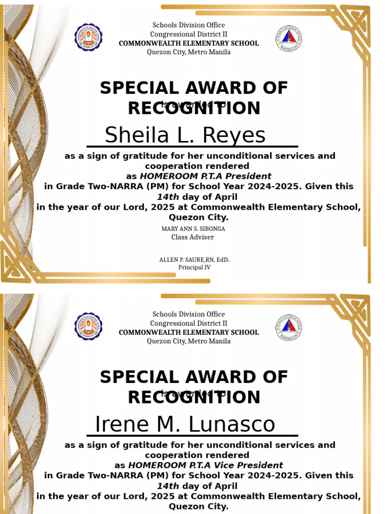 Special Awards for P.T.A Officers 2024-2025 | PDF
