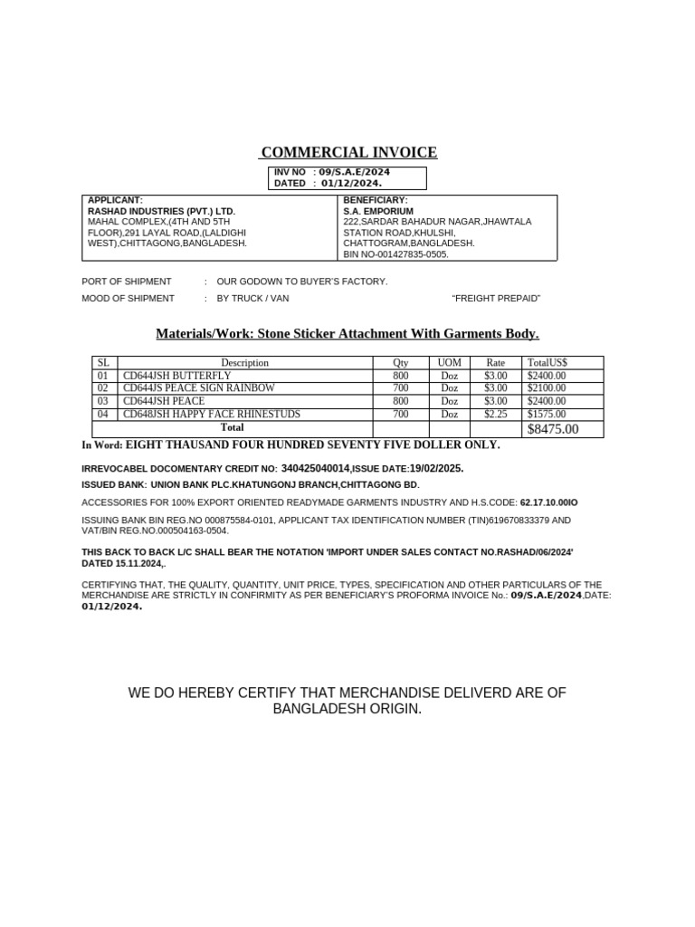 Commercial Invoice for Garment Accessories | PDF | Invoice | Receipt