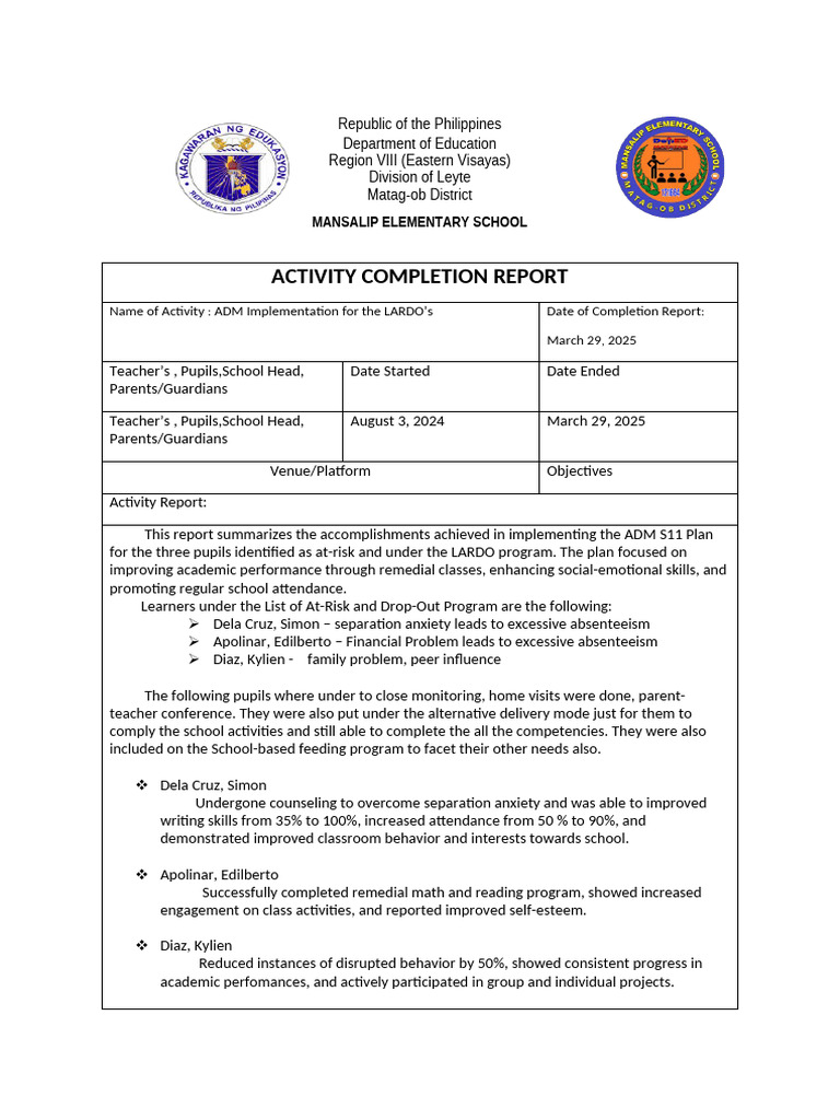 Acr - Adm s11 Plan Implementation For Lardos | PDF | Teachers | Mentorship