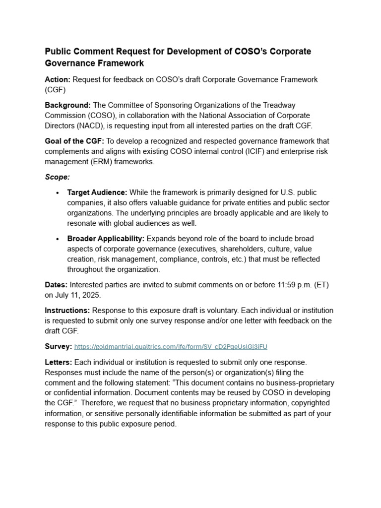 COSO CGF Public Exposure FAQs | PDF | Governance | Corporate Governance