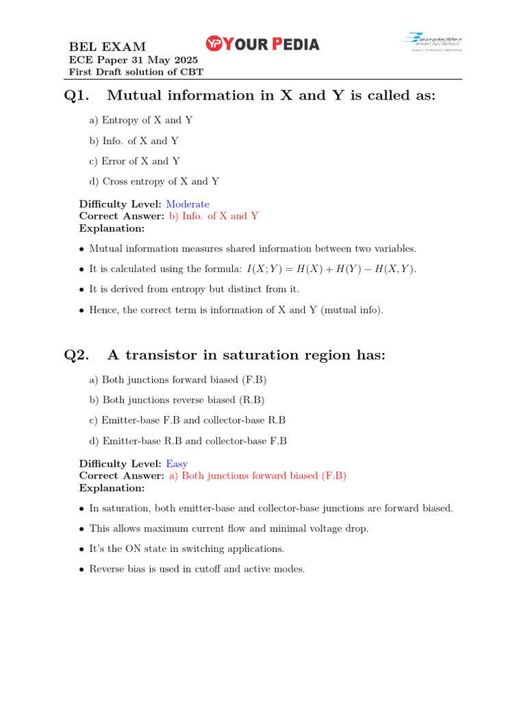 BEL ECE Questions Along With Answer 1st Draft | PDF | Bipolar Junction ...