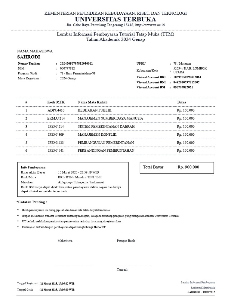 Billing Pembayaran Registrasi Matakuliahat | PDF