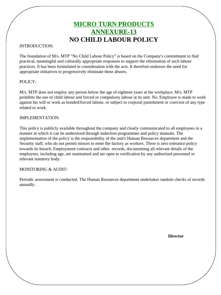 Annexure 13 No Child Labour Policy | PDF