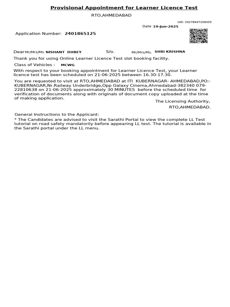 Provisional Appointment For Learner Licence Test | PDF