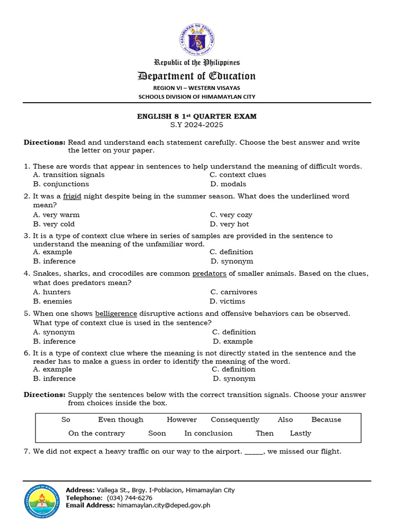 English 8 1st Quarter Exam Guide | PDF | Verb | Linguistics