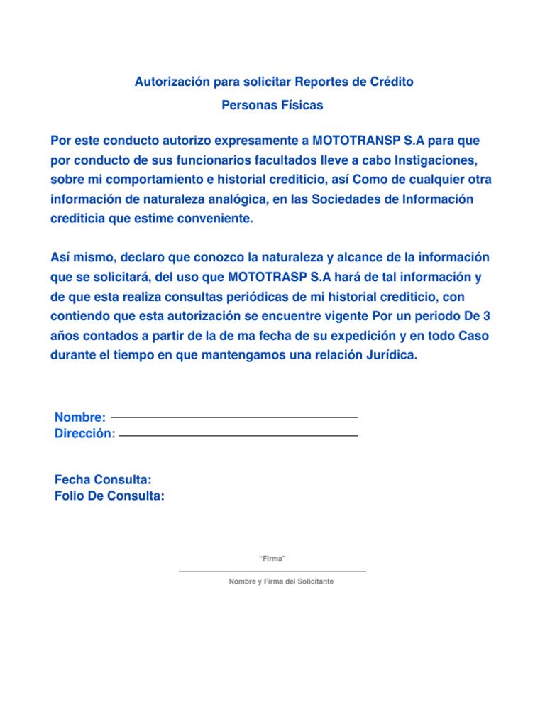 Autorización para Solicitar Reporte de Crédito Personas Físicas | PDF