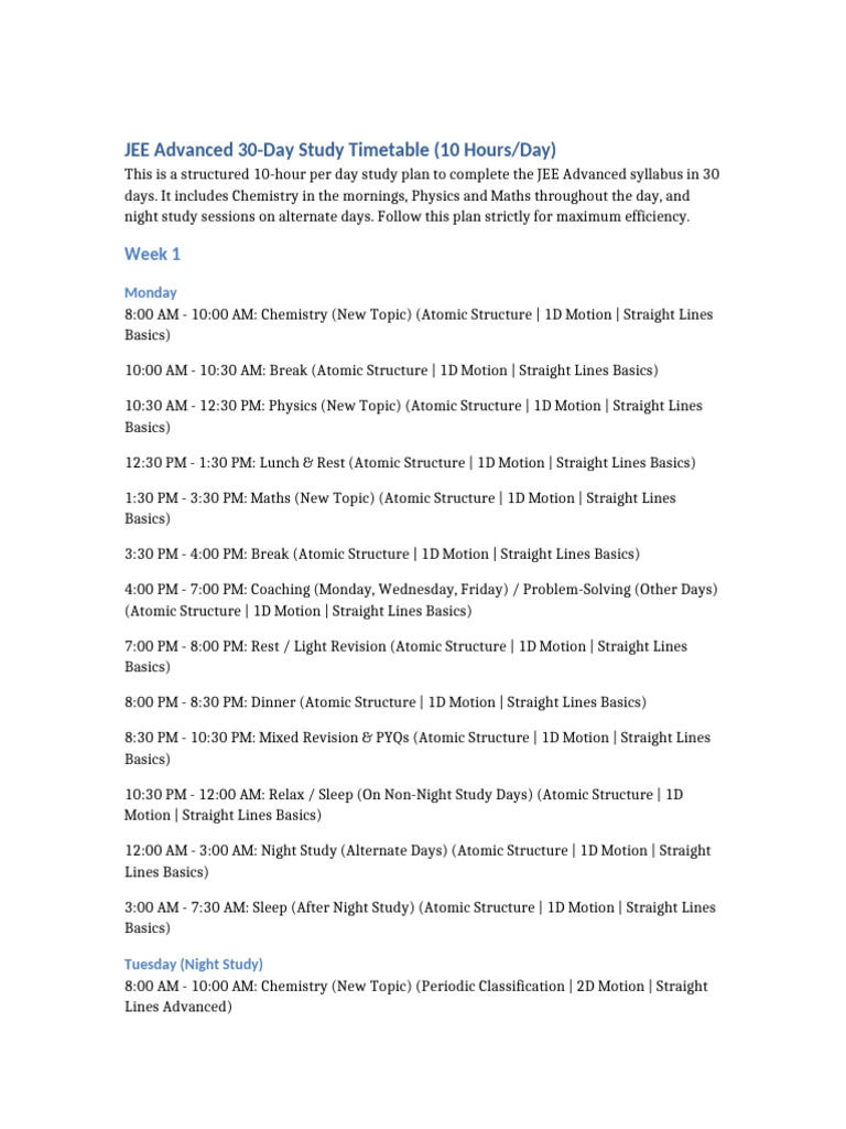 JEE Advanced 30 Day 10 Hour Timetable | PDF | Heat | Chemical Kinetics