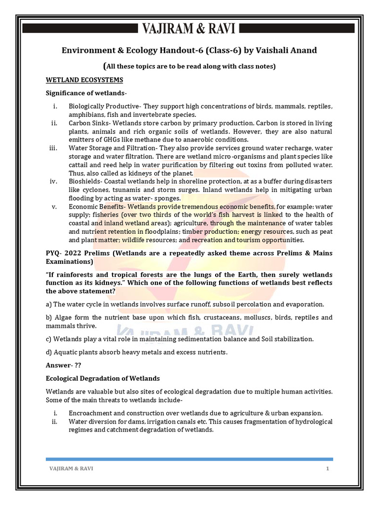Environment Ecology Handout-6 Class-6 | PDF | Wetland | Mangrove