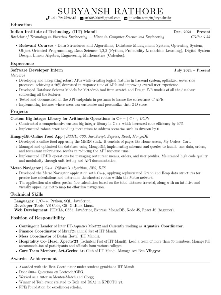 Resume Suryansh C++ Mern Stack | PDF | Databases | C++