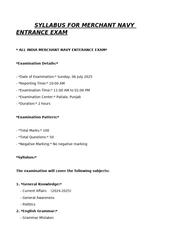 Merchant Navy Entrance Exam Syllabus 2025 | PDF