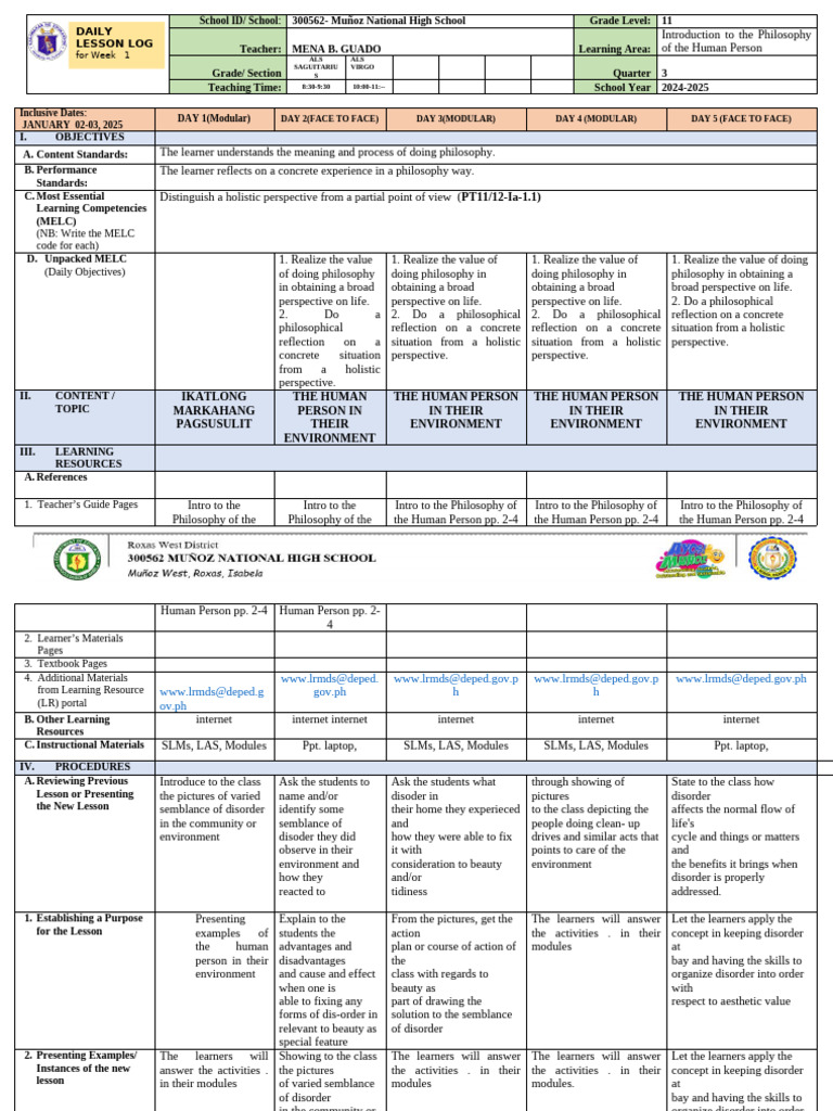 Philosophy of the Human Person Lesson Plan | PDF | Teachers | Learning