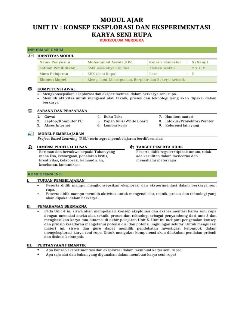 Modul Ajar Seni Rupa Kelas 10 Fase E Unit 4 | PDF