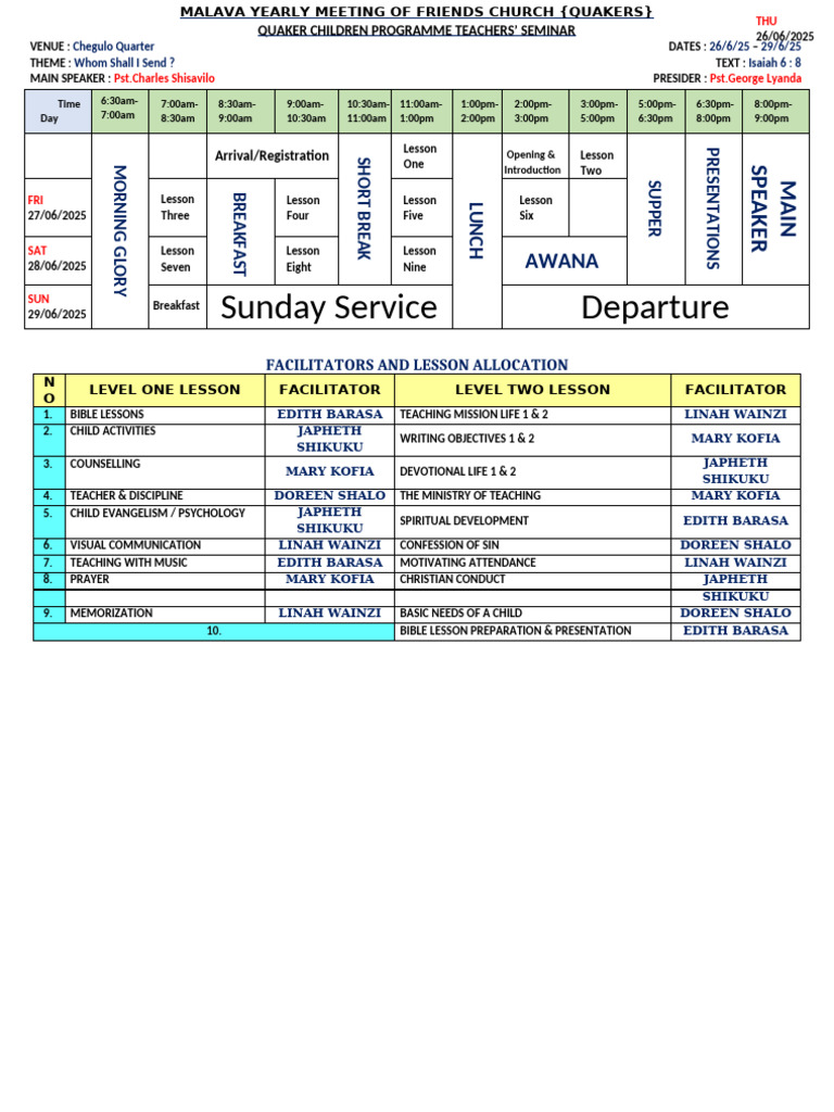 Friends Facilitators and Lesson Allocation 2025 | PDF