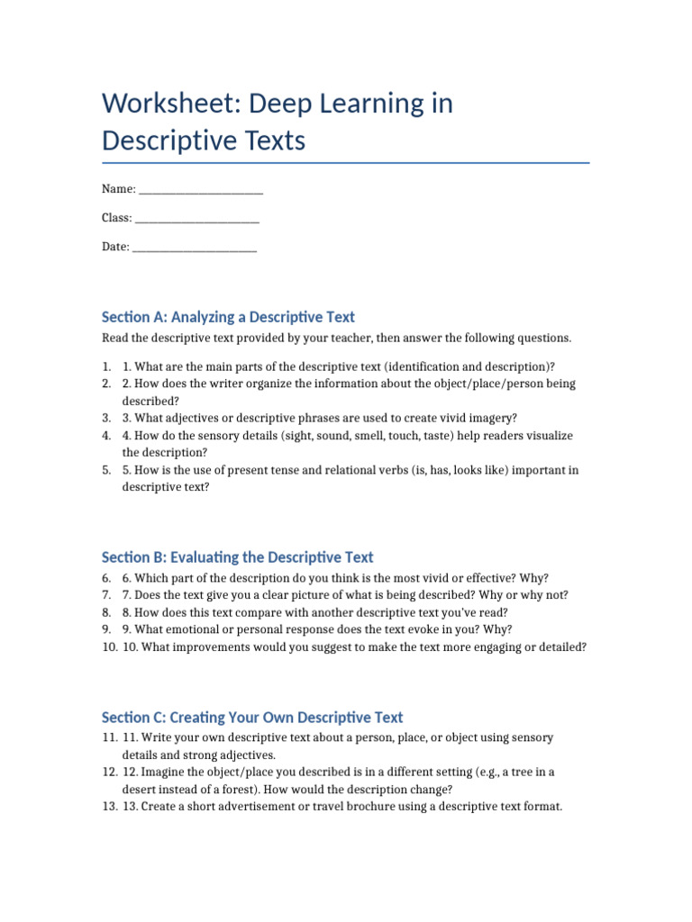 Deep Learning Descriptive Text Worksheet | PDF