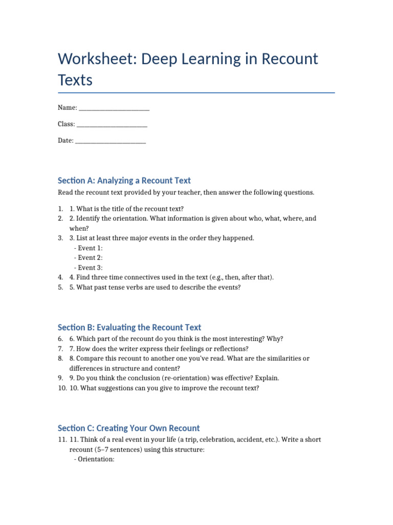 Deep Learning Recount Text Worksheet | PDF