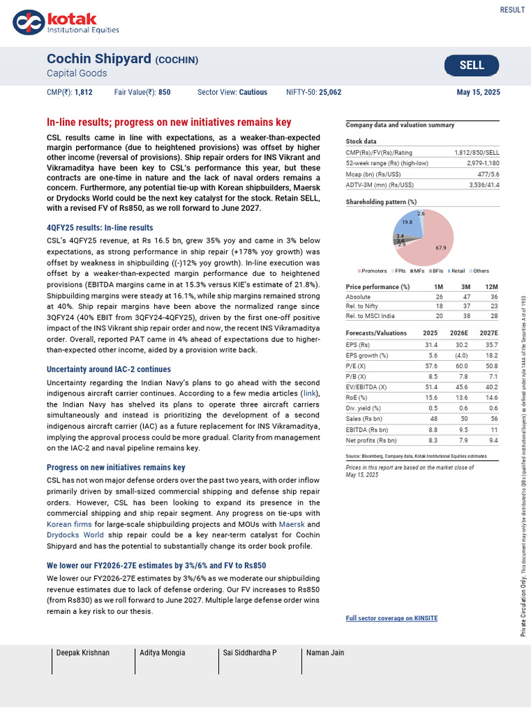 1 Cochin Shipyard 15may25 Kotak Inst | PDF | Balance Sheet | Ships