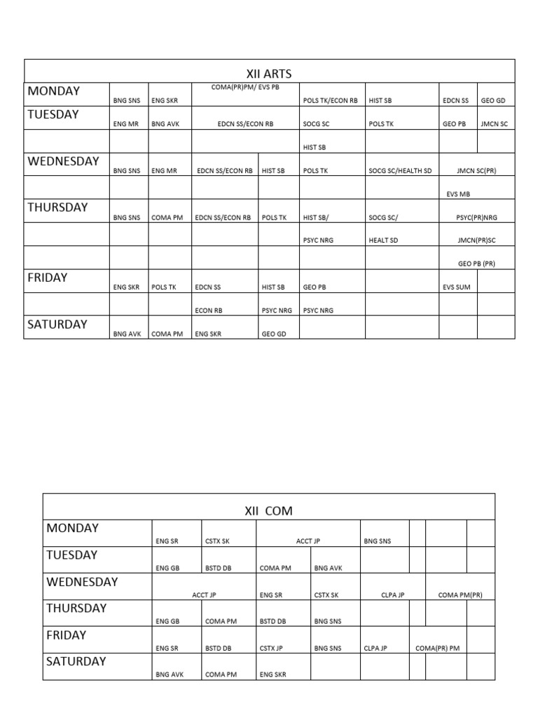 Xii Arts, Comm, Scince Routine 2025 | PDF