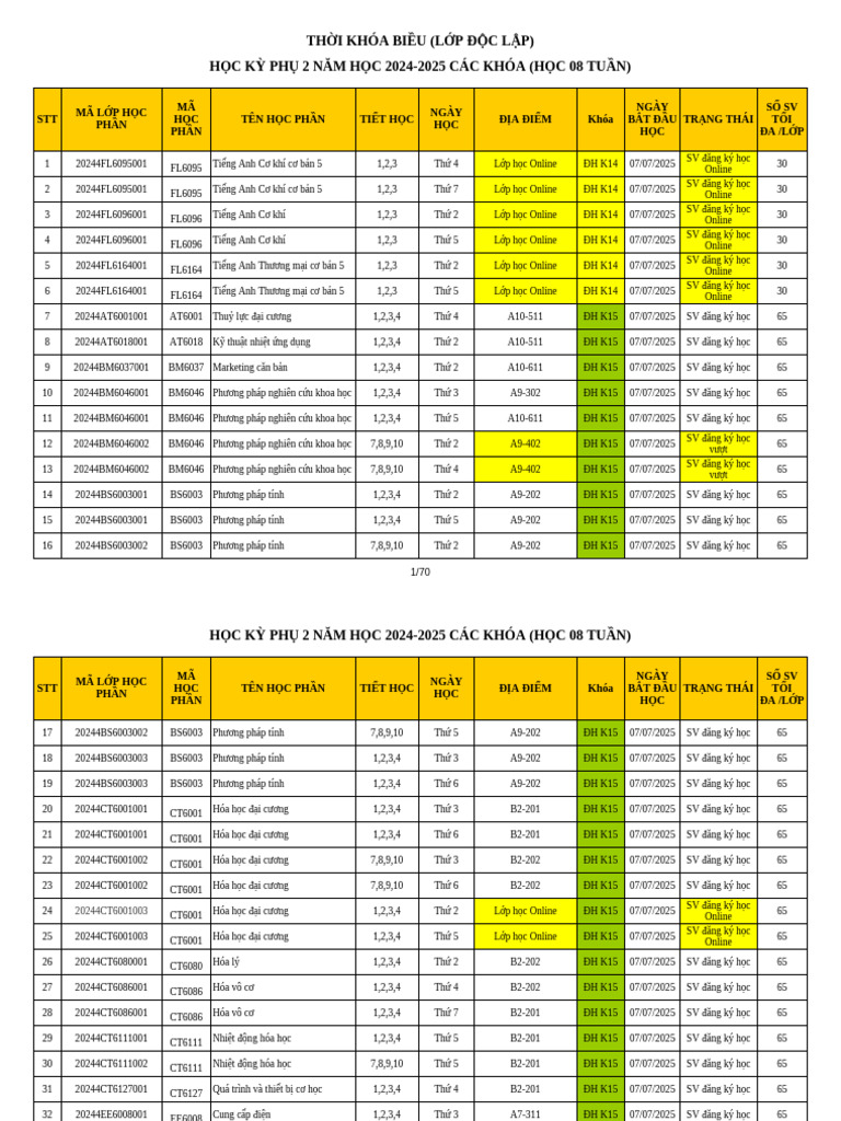 TKB DH HKP 2 Nam Hoc 2024 2025 Thong Bao Final | PDF