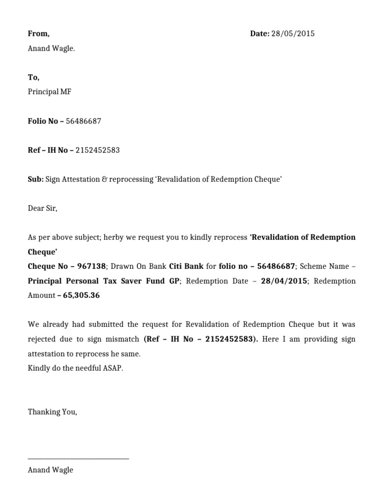 Revalidation Request for Redemption Cheque | PDF