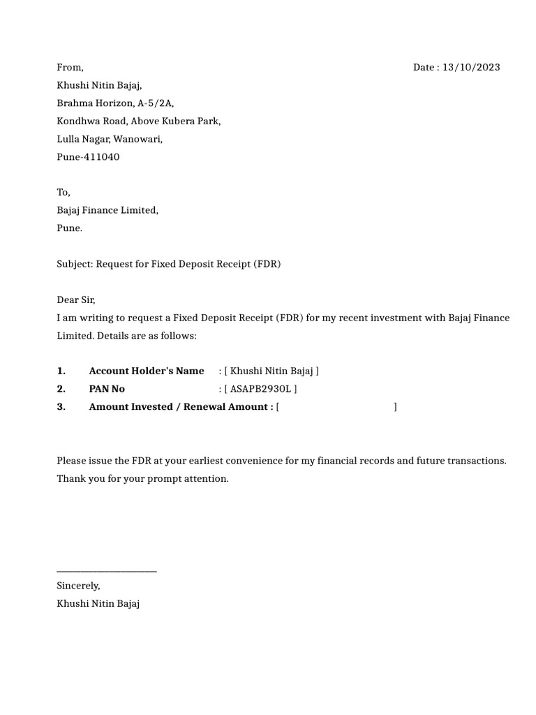 Request for Fixed Deposit Receipt | PDF