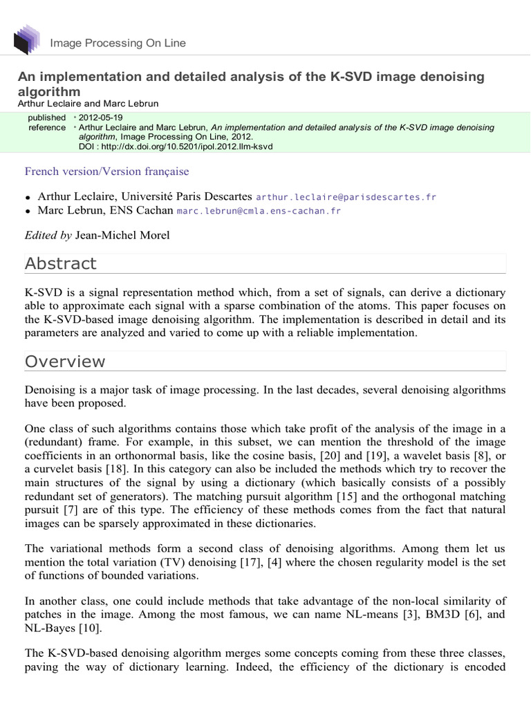 An Implementation and Detailed Analysis of The K-SVD Image Denoising Algorithm | PDF | Matrix ...