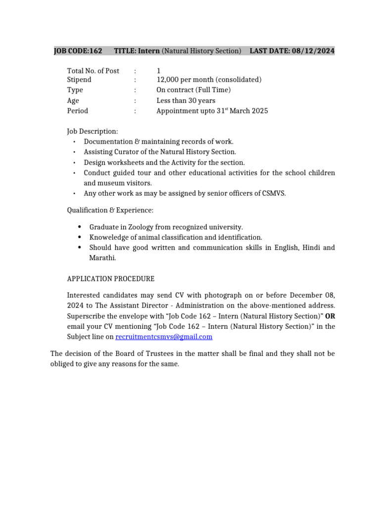 ZSI Internship 2025: Natural History Intern | PDF