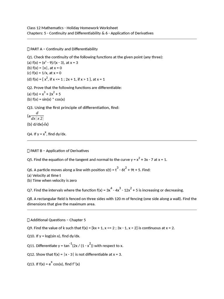 Class 12 Mathematics HHW | PDF | Derivative | Calculus