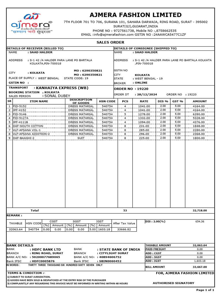 Ajmera Fashion Limited: Sales Order | PDF | Government | Trade