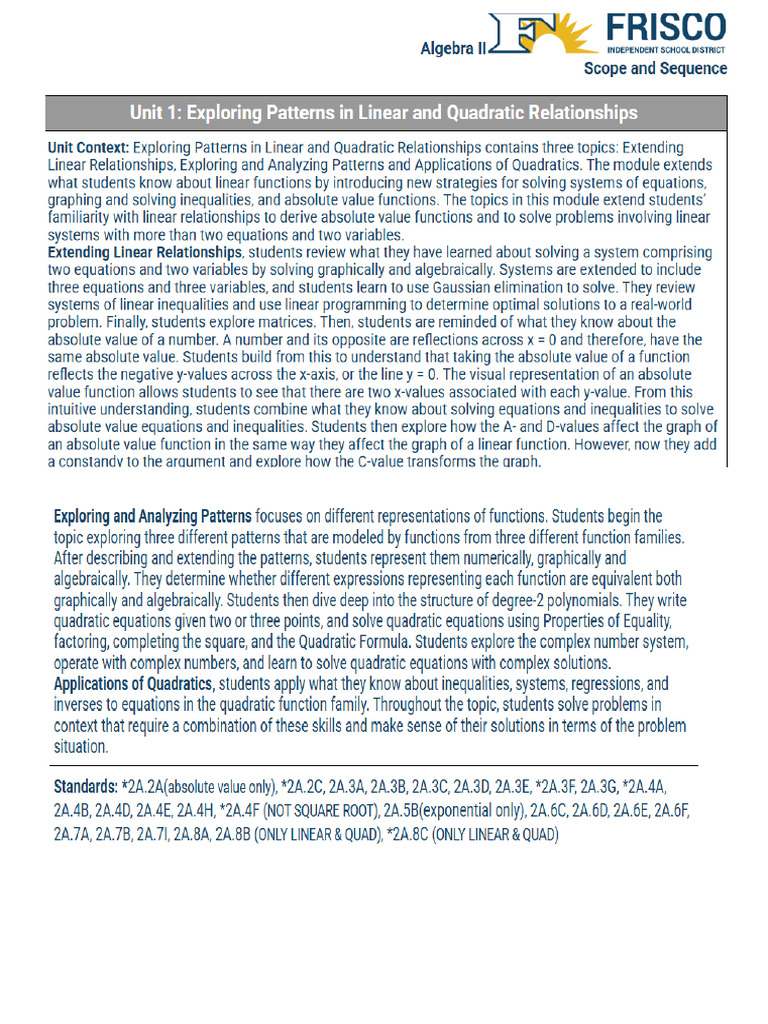 Algebra 2 Curriculum (US Dallas) | PDF