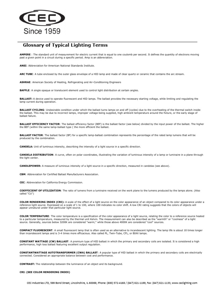 Glossary of Lighting Terms Explained | PDF | Fluorescent Lamp | Compact ...