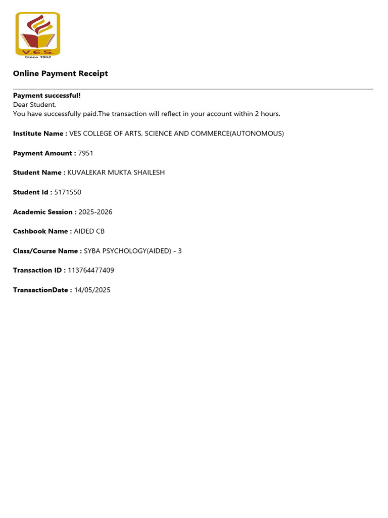 Payment Receipt for SYBA Psychology Course | PDF