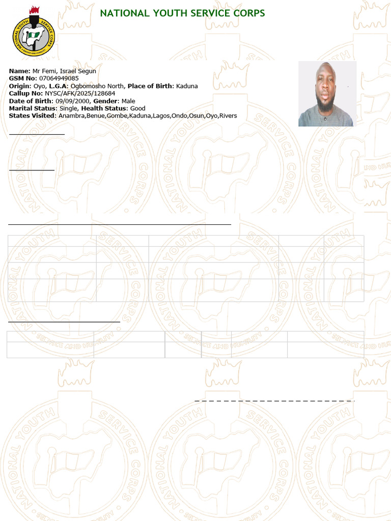 NYSC Personal Details for Mr. Femi Segun | PDF | Government | Nigeria