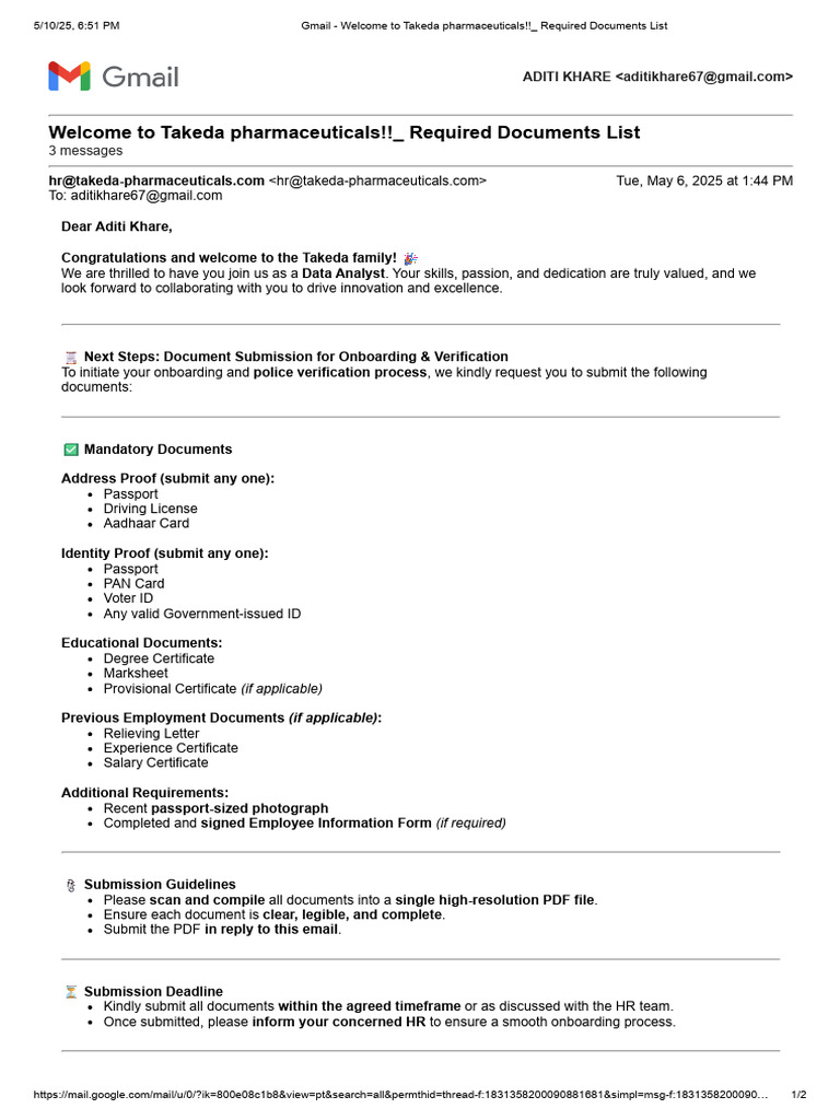 Gmail - Welcome To Takeda Pharmaceuticals!! - Required Documents List | PDF | Government And ...