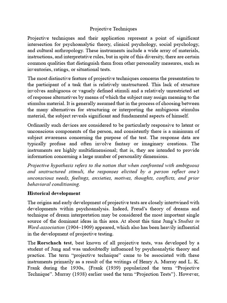 Projective Techniques | PDF | Psychoanalysis | Unconscious Mind