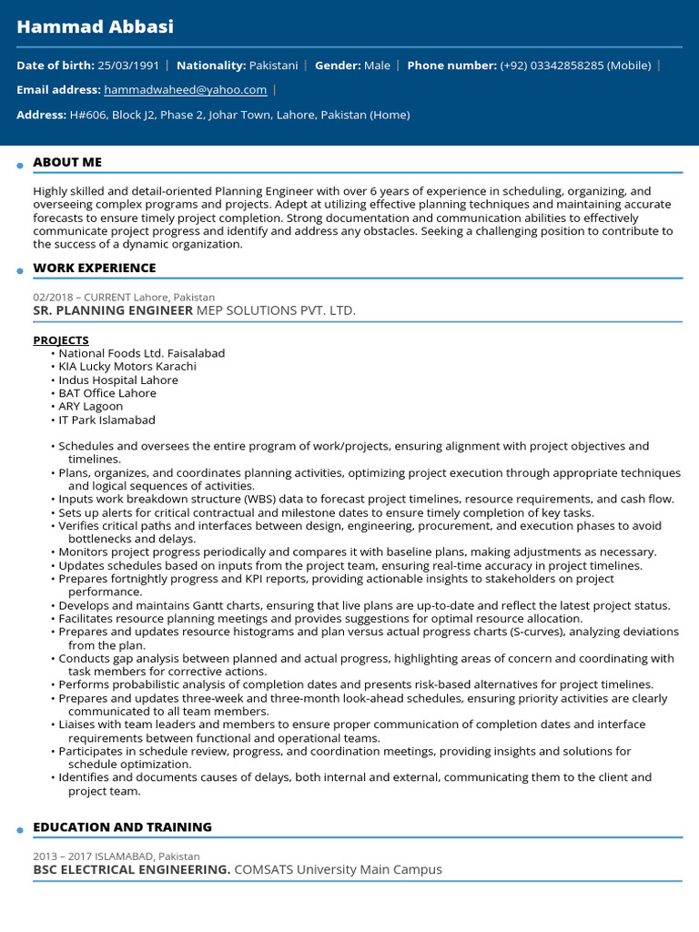 Planning Engineer Profile: Hammad Abbasi | PDF